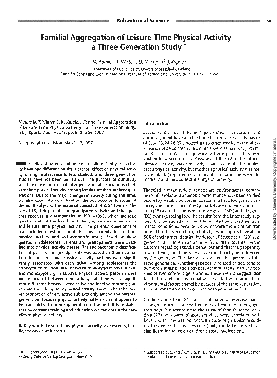 (PDF) Familial Aggregation of Leisure-Time Physical Activity - a Three Generation Study