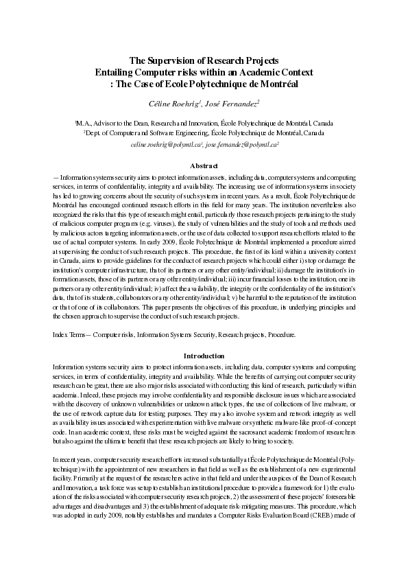 (PDF) The supervision of research projects entailing computer risks ...
