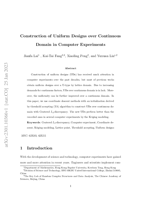 (PDF) Construction of uniform designs over continuous domain in computer experiments