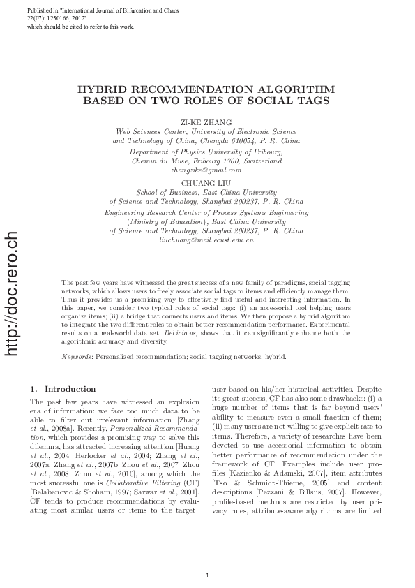 (PDF) Hybrid Recommendation Algorithm Based on Two Roles of Social Tags