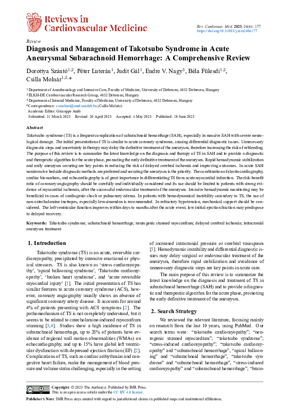 (PDF) Diagnosis and Management of Takotsubo Syndrome in Acute Aneurysmal Subarachnoid Hemorrhage ...