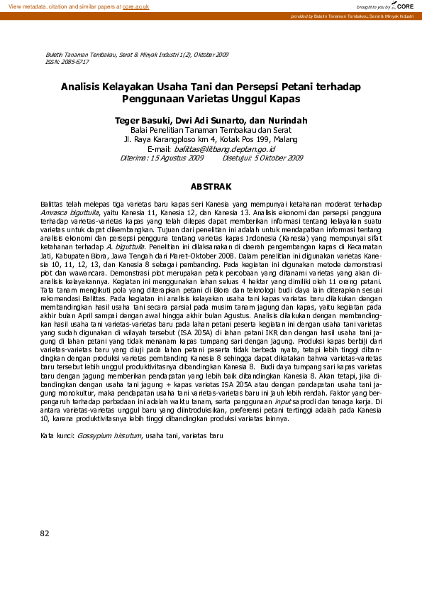 (PDF) Analisis Kelayakan Usaha Tani dan Persepsi Petani terhadap Penggunaan Varietas Unggul Kapas