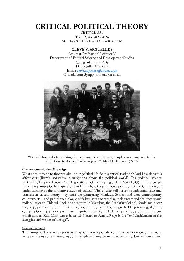 (PDF) Critical Political Theory Course Syllabus 2024