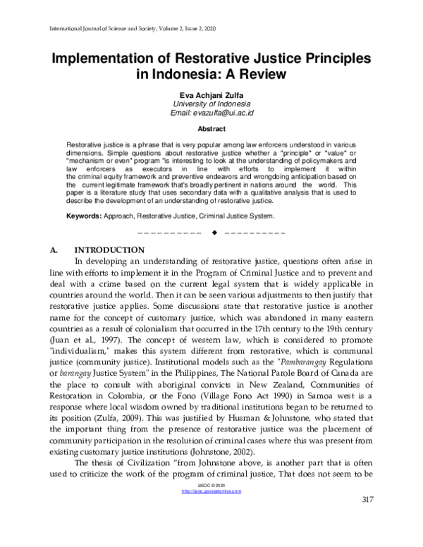 (PDF) Implementation of Restorative Justice Principles in Indonesia: A Review