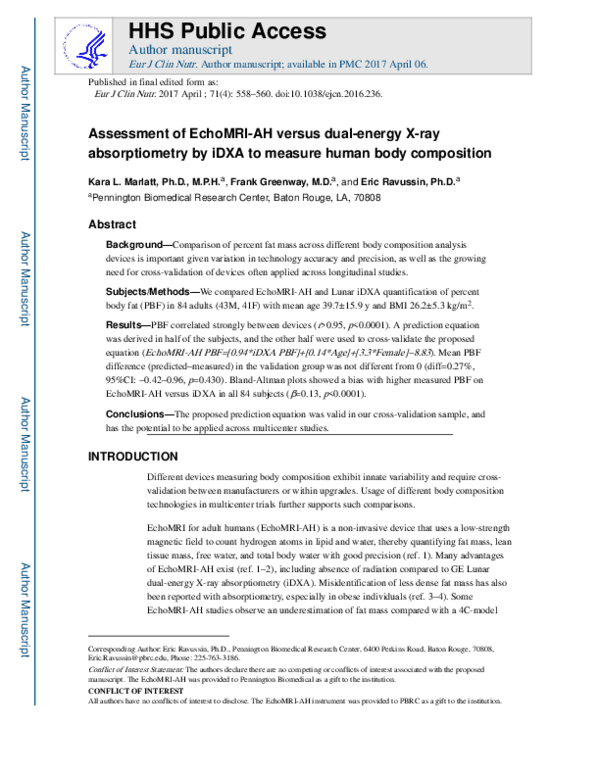 (PDF) Assessment of EchoMRI-AH versus dual-energy X-ray absorptiometry ...