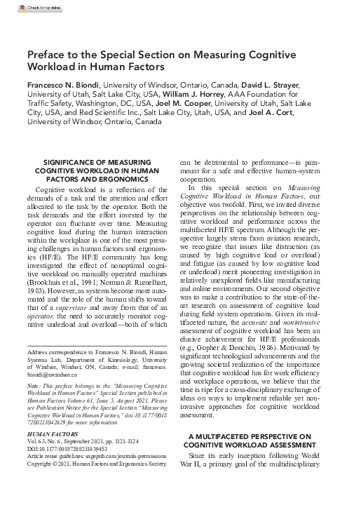 (PDF) Preface to the Special Section on Measuring Cognitive Workload in Human Factors