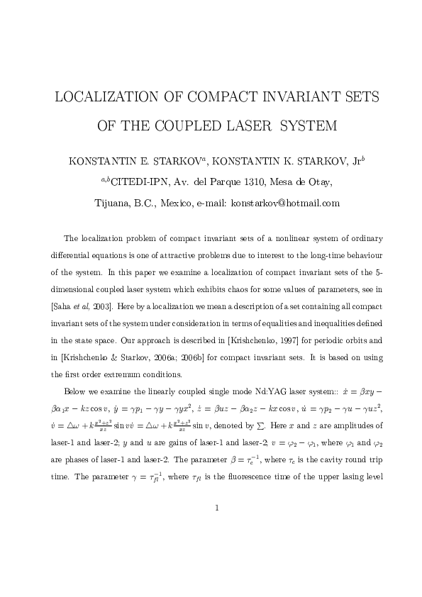 (PDF) Localization of Compact Invariant Sets of the Coupled Laser System | Konstantin Starkov ...
