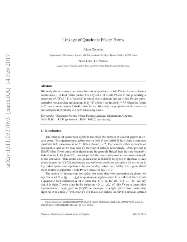 (PDF) Linkage of Quadratic Pfister Forms | Uzi Vishne - Academia.edu