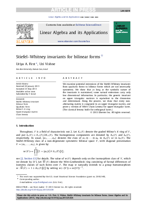 (PDF) Stiefel–Whitney invariants for bilinear forms