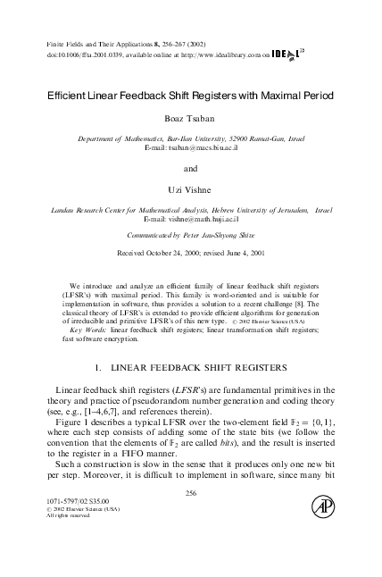 (PDF) Efficient Linear Feedback Shift Registers with Maximal Period | Uzi Vishne - Academia.edu