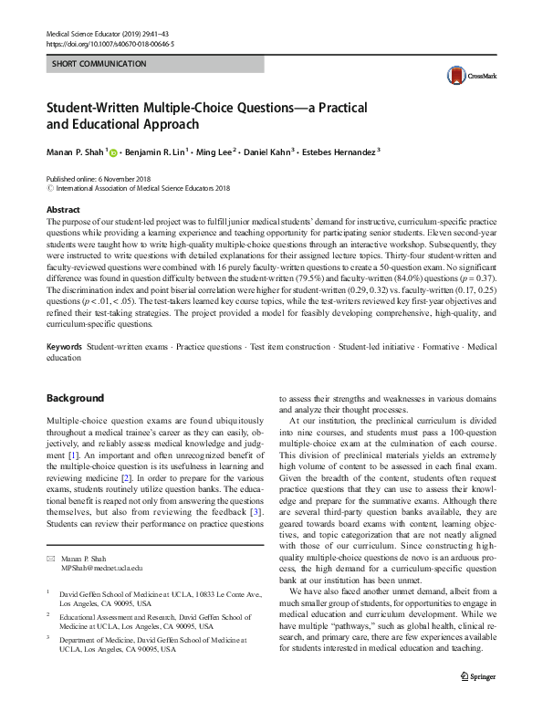 (PDF) Student-Written Multiple-Choice Questions—a Practical and ...