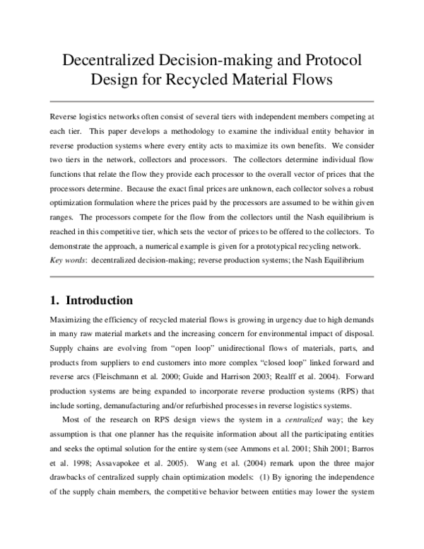 (PDF) Decentralized decision-making and protocol design for recycled material flows