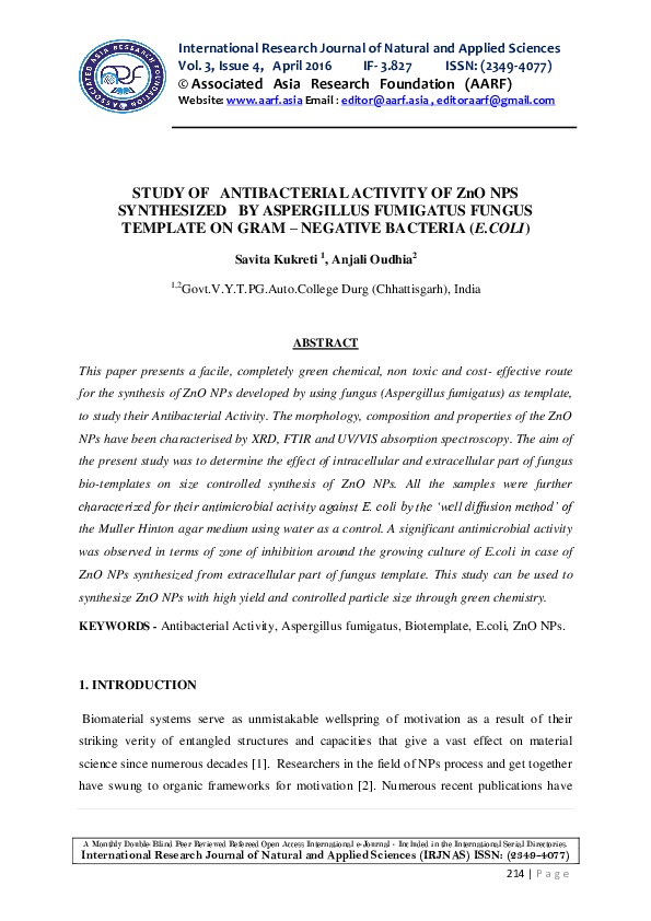 (PDF) STUDY OF ANTIBACTERIAL ACTIVITY OF ZnO NPS SYNTHESIZED BY ASPERGILLUS FUMIGATUS FUNGUS ...