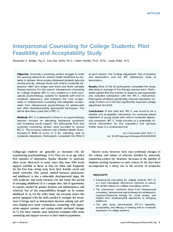 (PDF) Interpersonal Counseling for College Students: Pilot Feasibility ...