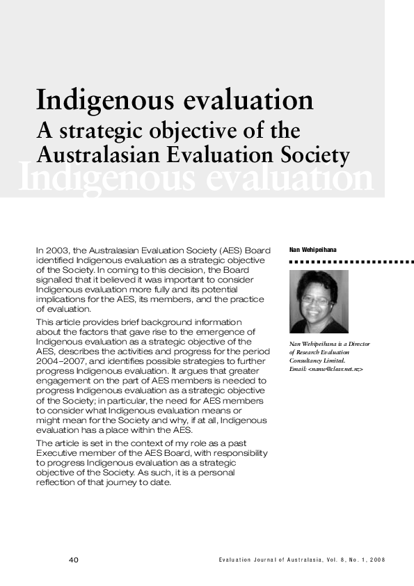 (PDF) Indigenous Evaluation: A Strategic Objective of the Australasian Evaluation Society