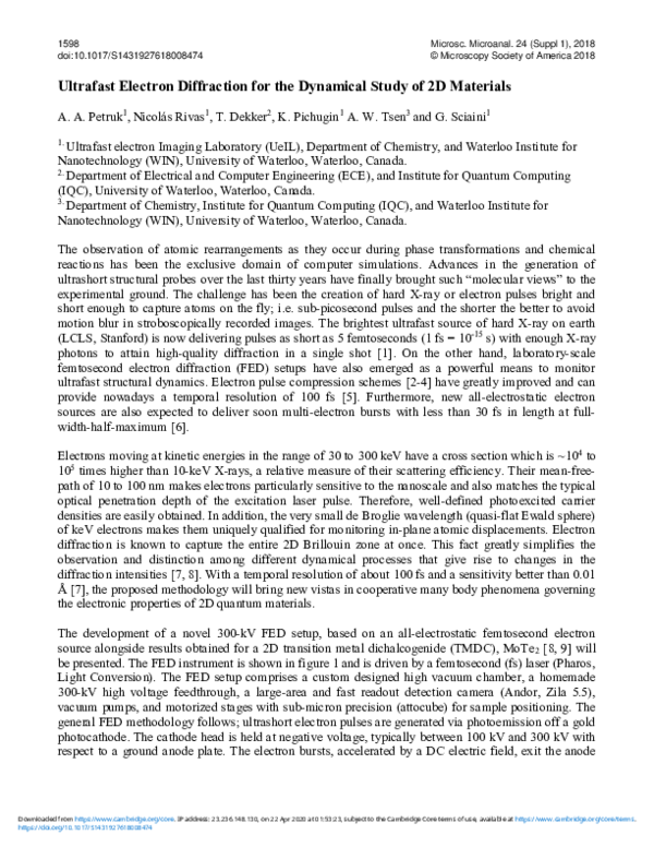 (PDF) Ultrafast Electron Diffraction for the Dynamical Study of 2D Materials | German Sciaini ...