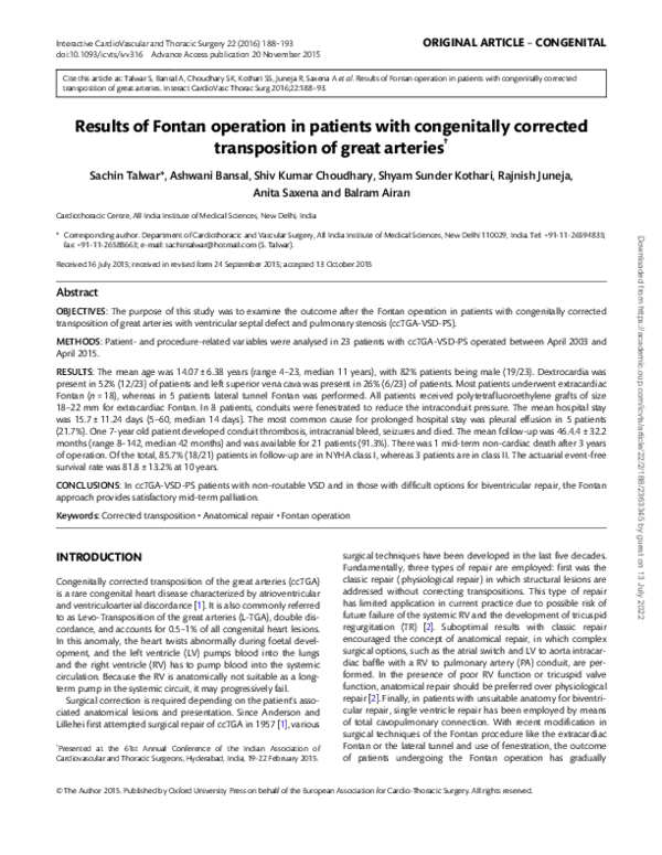 (PDF) Results of Fontan operation in patients with congenitally corrected transposition of great ...