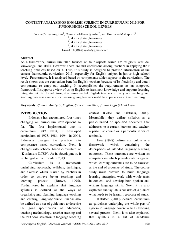 (PDF) Content Analysis of English Subject in Curriculum 2013 for Junior High School Levels