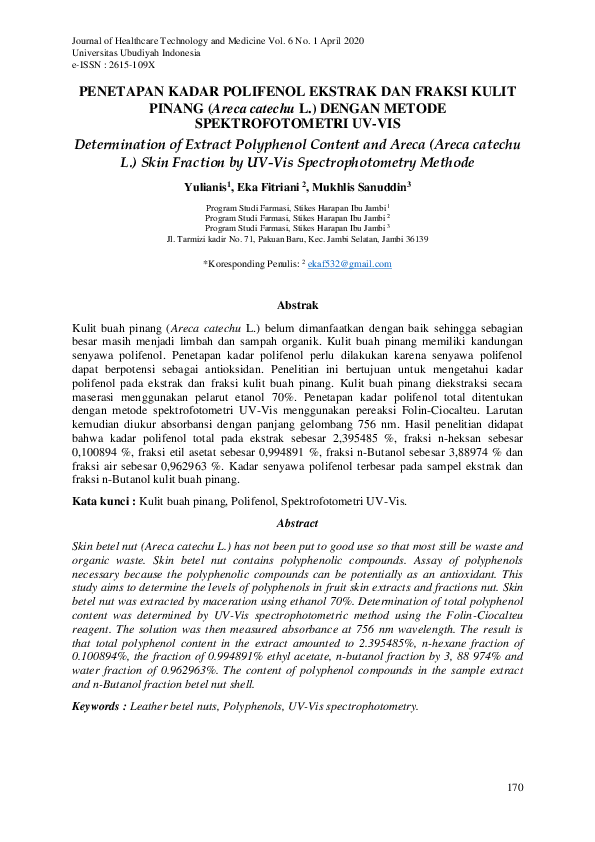 (PDF) PENETAPAN KADAR POLIFENOL EKSTRAK DAN FRAKSI KULIT PINANG (Areca catechu L.) DENGAN METODE ...