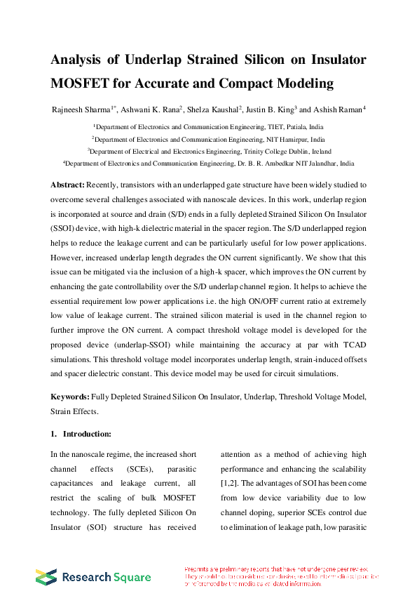 (PDF) Analysis of Underlap Strained Silicon on Insulator MOSFET for Accurate and Compact Modeling