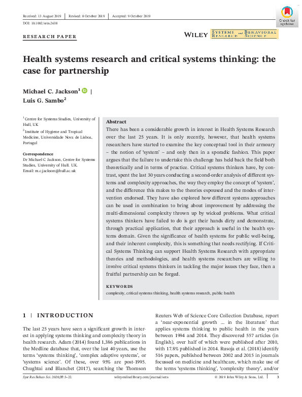 (PDF) Health systems research and critical systems thinking: the case for partnership