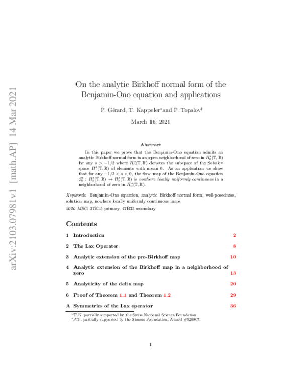 (PDF) Birkhoff Normal Form for Benjamin–Ono Equation