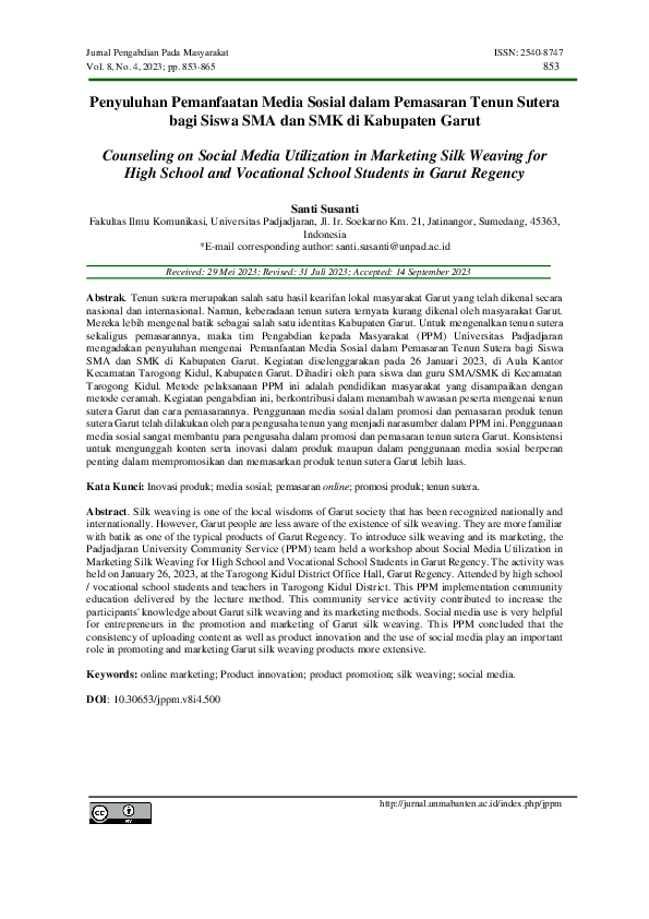 (PDF) Penyuluhan Pemanfaatan Media Sosial dalam Pemasaran Tenun Sutera bagi Siswa SMA dan SMK di ...