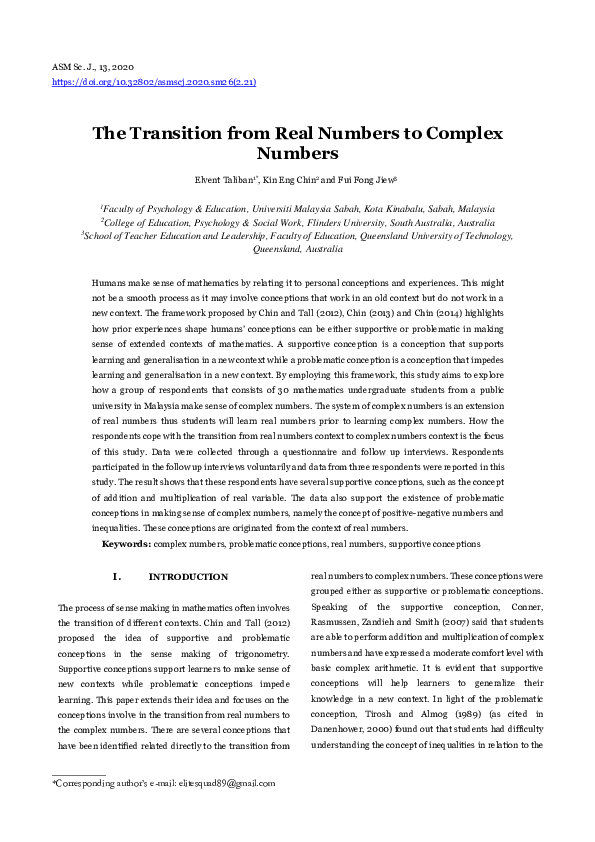(PDF) The Transition from Real Numbers to Complex Numbers