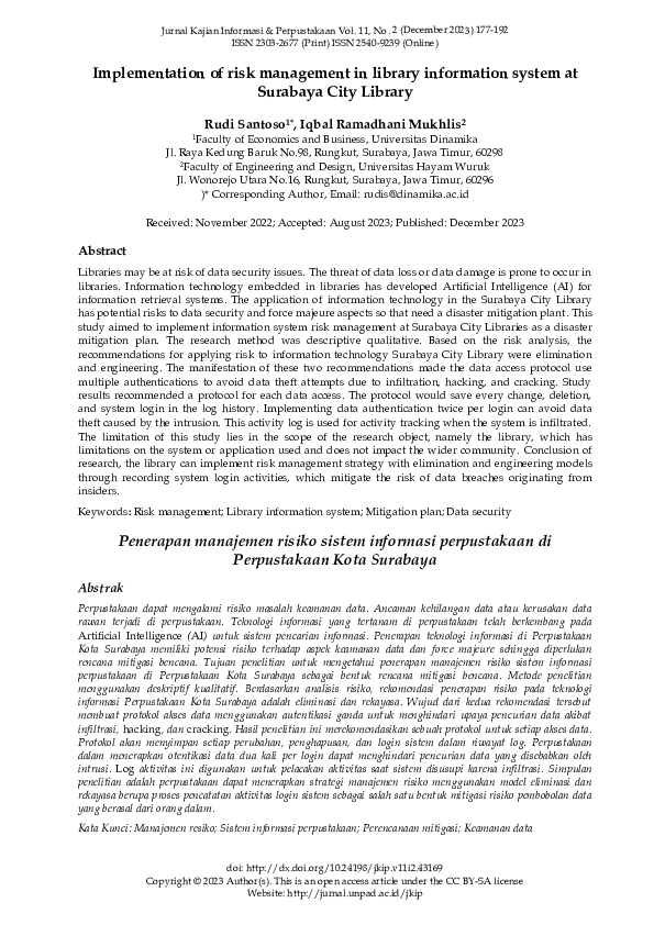 (PDF) Implementation of risk management in library information system at Surabaya City Library