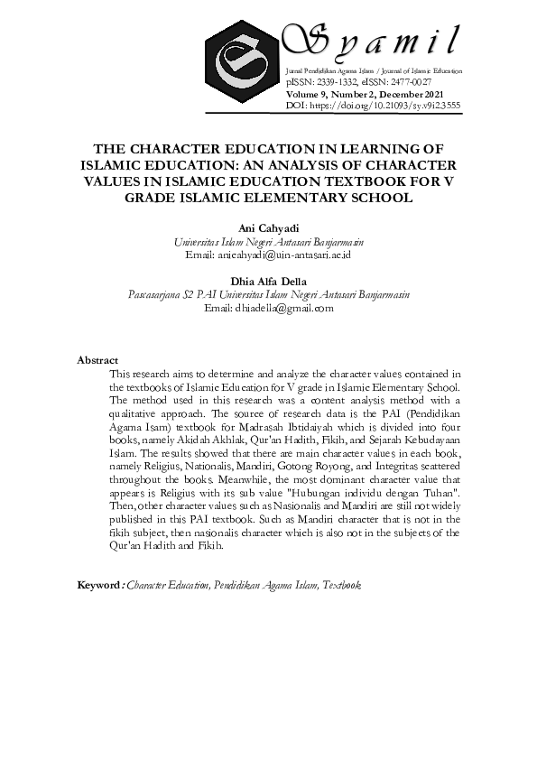 (PDF) The Character Education in Learning of Islamic Education: An ...