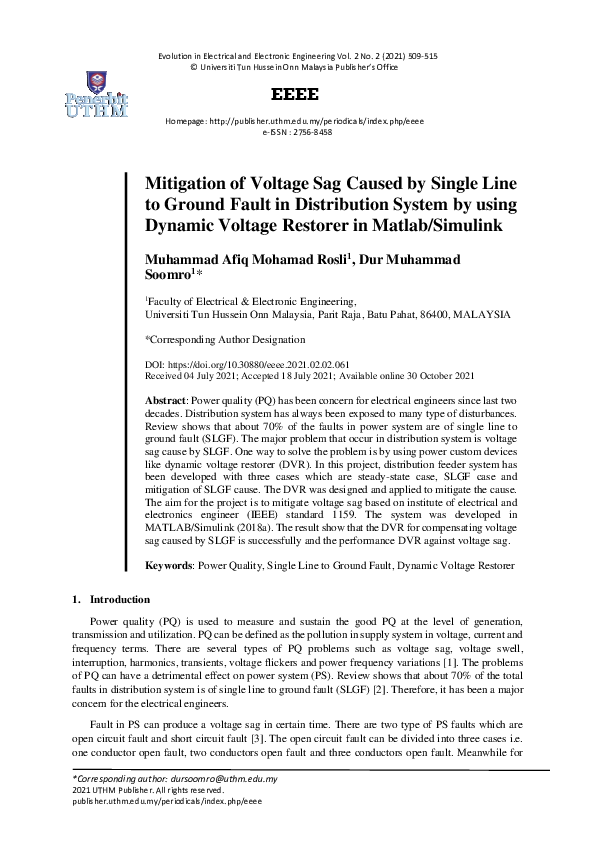Pdf Mitigation Of Voltage Sag Caused By Single Line To Ground Fault