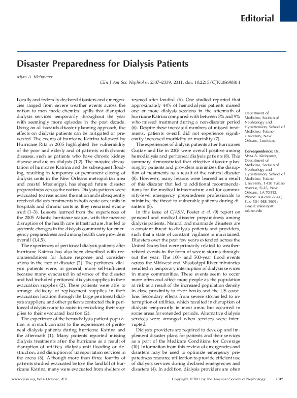 (PDF) Disaster Preparedness for Dialysis Patients