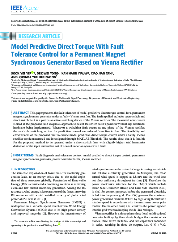 Pdf Model Predictive Direct Torque With Fault Tolerance Control For A Permanent Magnet