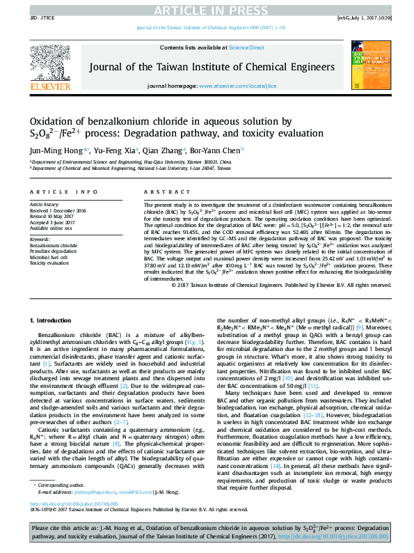 (PDF) Oxidation of benzalkonium chloride in aqueous solution by S2O82− ...