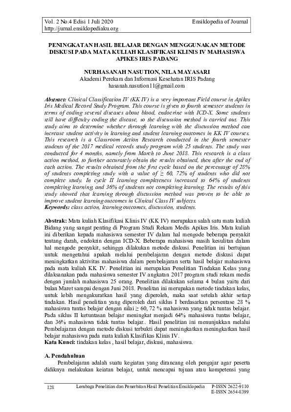 (PDF) Peningkatan Hasil Belajar Dengan Menggunakan Metode Diskusi Pada ...