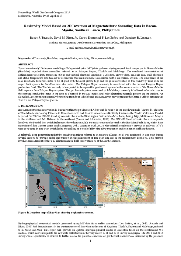 (PDF) Resistivity Model Based on 2D Inversion of Magnetotelluric Sounding Data in Bacon- Manito ...