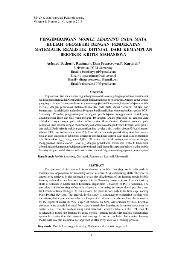 (PDF) Pengembangan Mobile Learning Pada Mata Kuliah Geometri Dengan Pendekatan Matematik ...