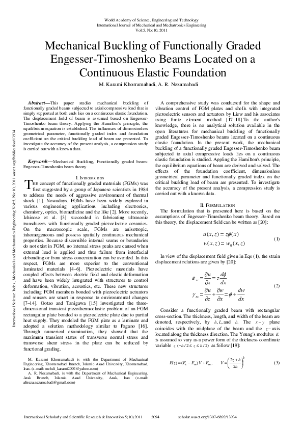 (PDF) Mechanical Buckling Of Functionally Graded Engesser-Timoshenko Beams Located On A ...