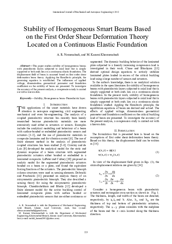 (PDF) Stability Of Homogeneous Smart Beams Based On The First Order Shear Deformation Theory ...