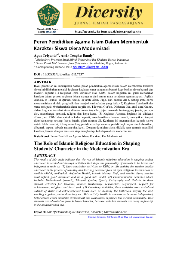 (PDF) Peran Pendidikan Agama Islam Dalam Membentuk Karakter Siswa Diera Modernisasi