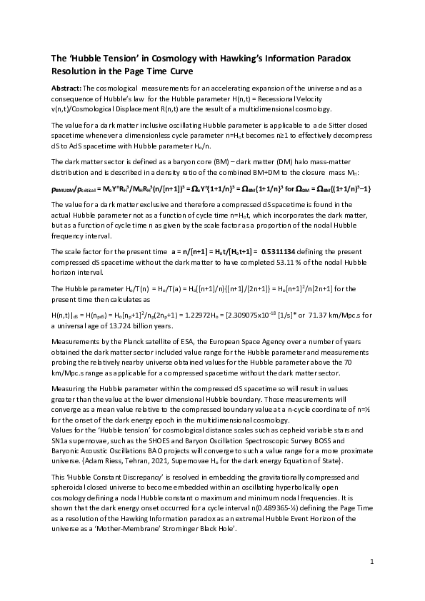 (PDF) The 'Hubble Tension' in Cosmology with Hawking's Information ...