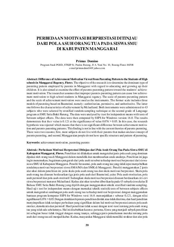 (PDF) Perbedaan Motivasi Berprestasi Ditinjau Dari Pola Asuh Orang Tua Pada Siswa Smu DI ...