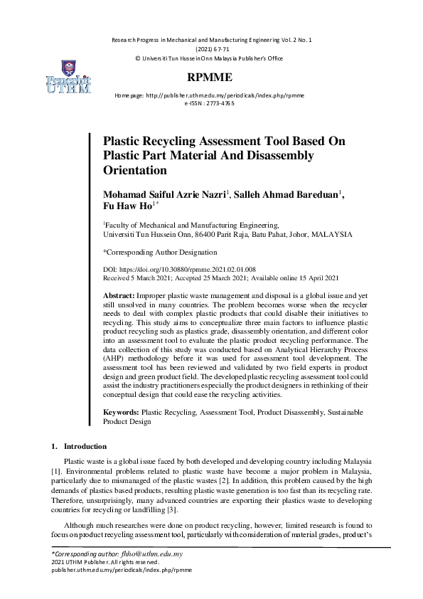 (PDF) Plastic Recycling Assessment Tool Based On Plastic Part Material ...