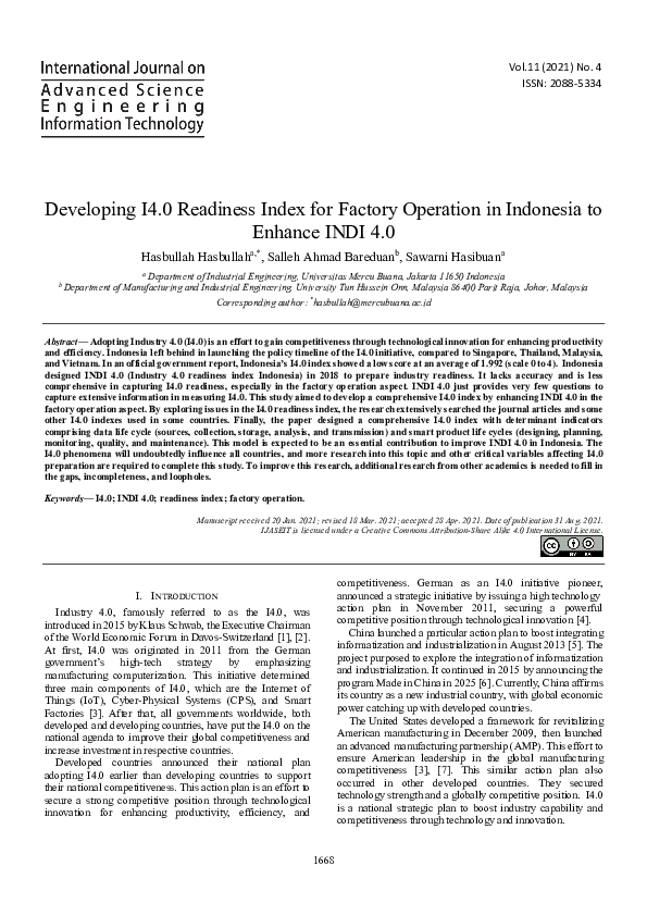 (PDF) Developing I4.0 Readiness Index for Factory Operation in ...