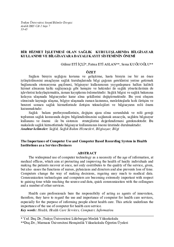 (PDF) Bi̇r Hi̇zmet İşletmesi̇ Olan Sağlik Kuruluşlarinda Bi̇lgi̇sayar ...