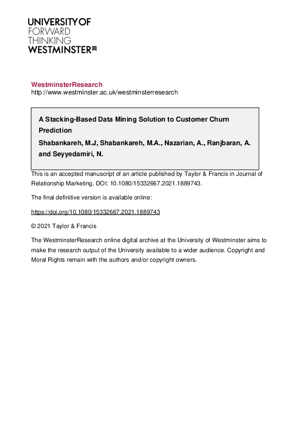 (PDF) A Stacking-Based Data Mining Solution to Customer Churn Prediction