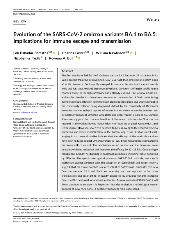 (PDF) Evolution of the SARS‐CoV‐2 omicron variants BA.1 to BA.5 ...