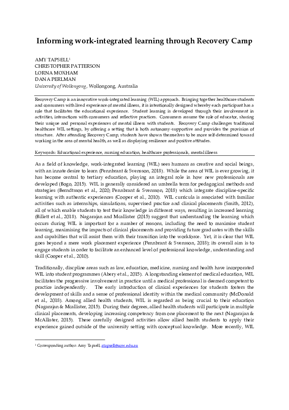 (PDF) Informing work-integrated learning through Recovery Camp