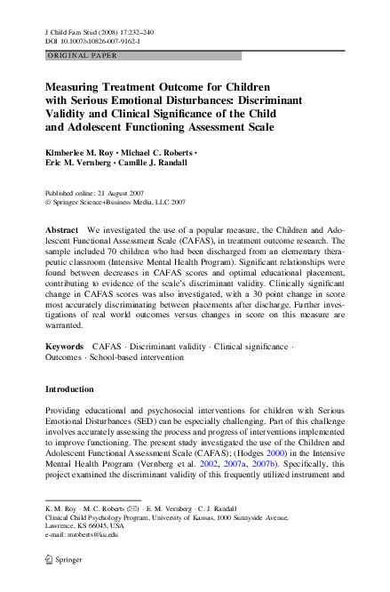 (PDF) Measuring Treatment Outcome for Children with Serious Emotional Disturbances: Discriminant ...