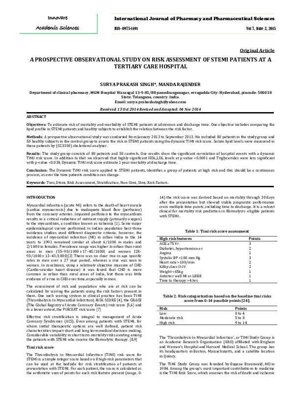 (PDF) A PROSPECTIVE OBSERVATIONAL STUDY ON RISK ASSESSMENT OF STEMI ...